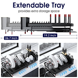 Dish Drying Rack, Expandable(19.3"-26") Dish Rack with Drainboard Set, Extra Large Rustproof Drying Rack for Kitchen Counter, Big Dish Drainers Dryer Racks for Dishes Drain with Utensil & Knife Holder