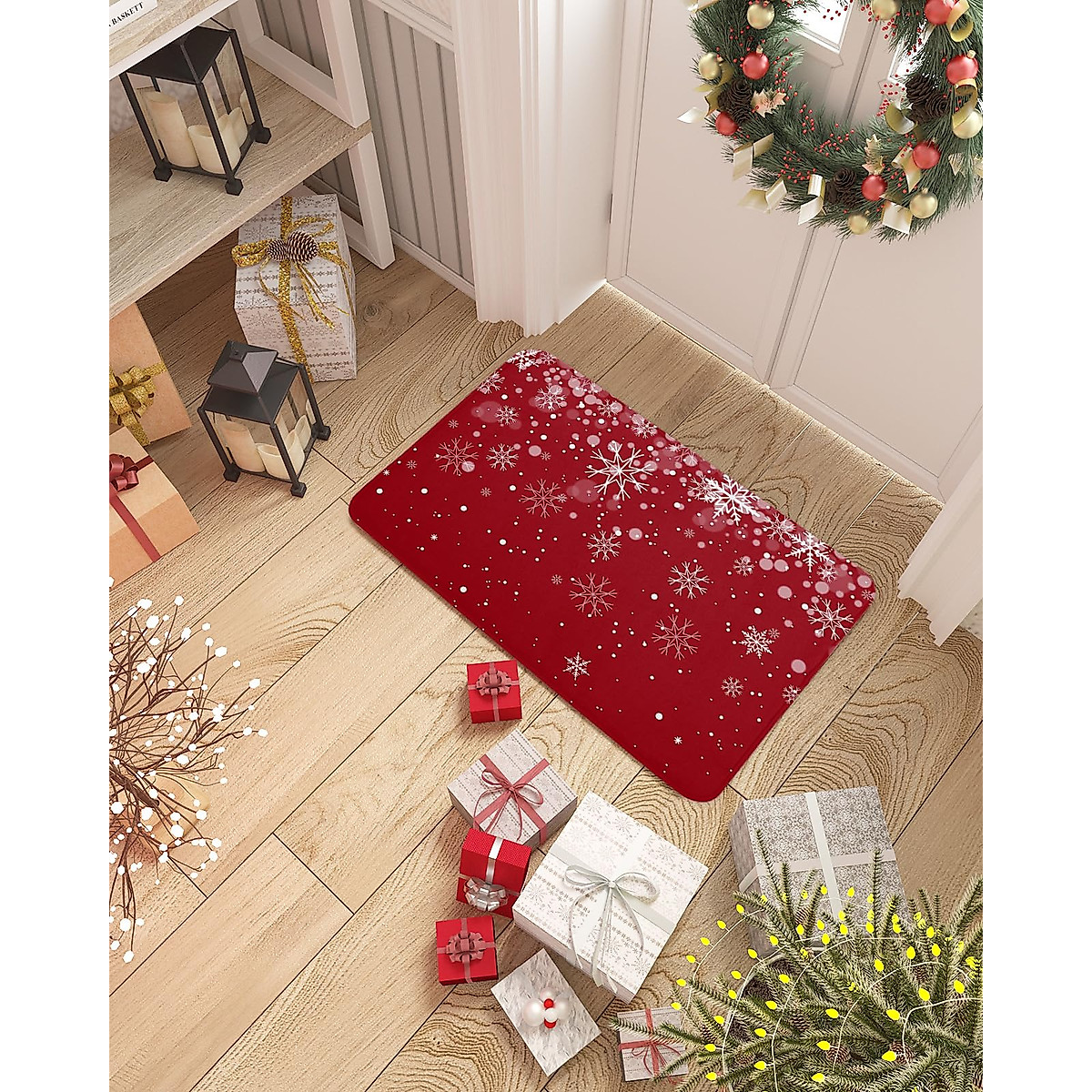 Christmas Bath Rugs White Snowflake Sponge Doormat Absorbent Non Slip Backing Durable Soft Flannel Mat Red Christmas Memory Foam Mats Carpet for Bathroom Kitchen, 18 x 30 inch