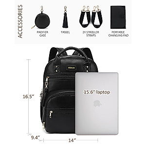 Leather Baby Diaper Bag Backpack with Portable Travel Changing Pad Girl Boy, Large Dad Black Diaper Bags Pacifier Case Stroller Straps, Baby Registry Search Shower Gifts Stuff Newborn Must Haves