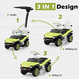 INFANS Ride on Push Car, 3 in 1 Licensed ID. Buggy Stroller Sliding Walking Car with Sun Canopy, Adjustable Handle, Guardrails, Foot-to-Floor Toy for 12-36 Months (Volkswagen)