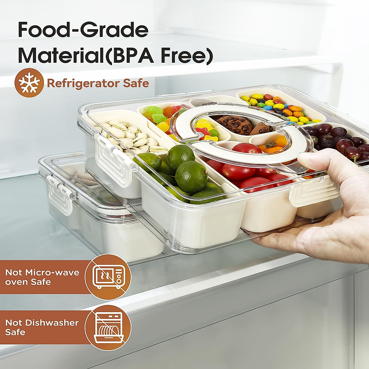 2 Pack Snack Box Containers with Lid and Handle, 8-Compartment Divided Serving Tray for Kids and Adults, Portable Snackle Box for Veggies, Fruit, and Snacks, Perfect for Travel, Camping, and Picnic