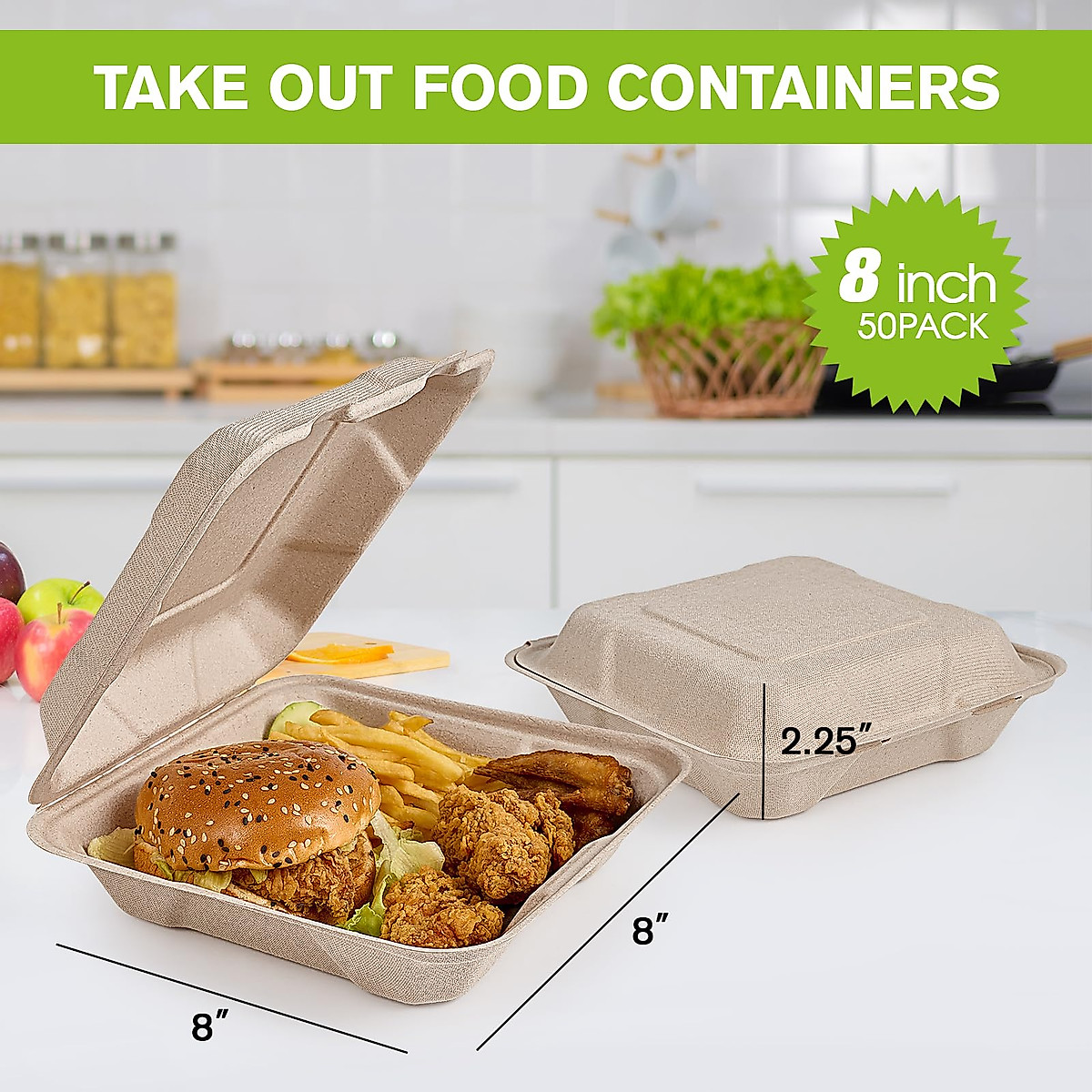 ECOLipak 50 Pack Clamshell To Go Containers, 100% Compostable Disposable Take Out Food Containers, 8X8 inch Heavy-Duty To Go Boxes, Eco-Friendly Biodegradable To Go Containers For Food
