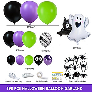 198pcs Large Size Halloween Balloon Garland Arch Kit, Black Green Halloween Decorations Party Supplies, Halloween Balloon Garland with Bat Balloon