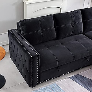 Sectional Sofa with Chaise, HABITRIO 91" L-Shape Loveseat Couch w/Roll-out Sleeper Bed, Reversible Storage Lounge, Black Velvet Upholstered Button Tufted Nailhead Trim Accent Furniture for Living Room