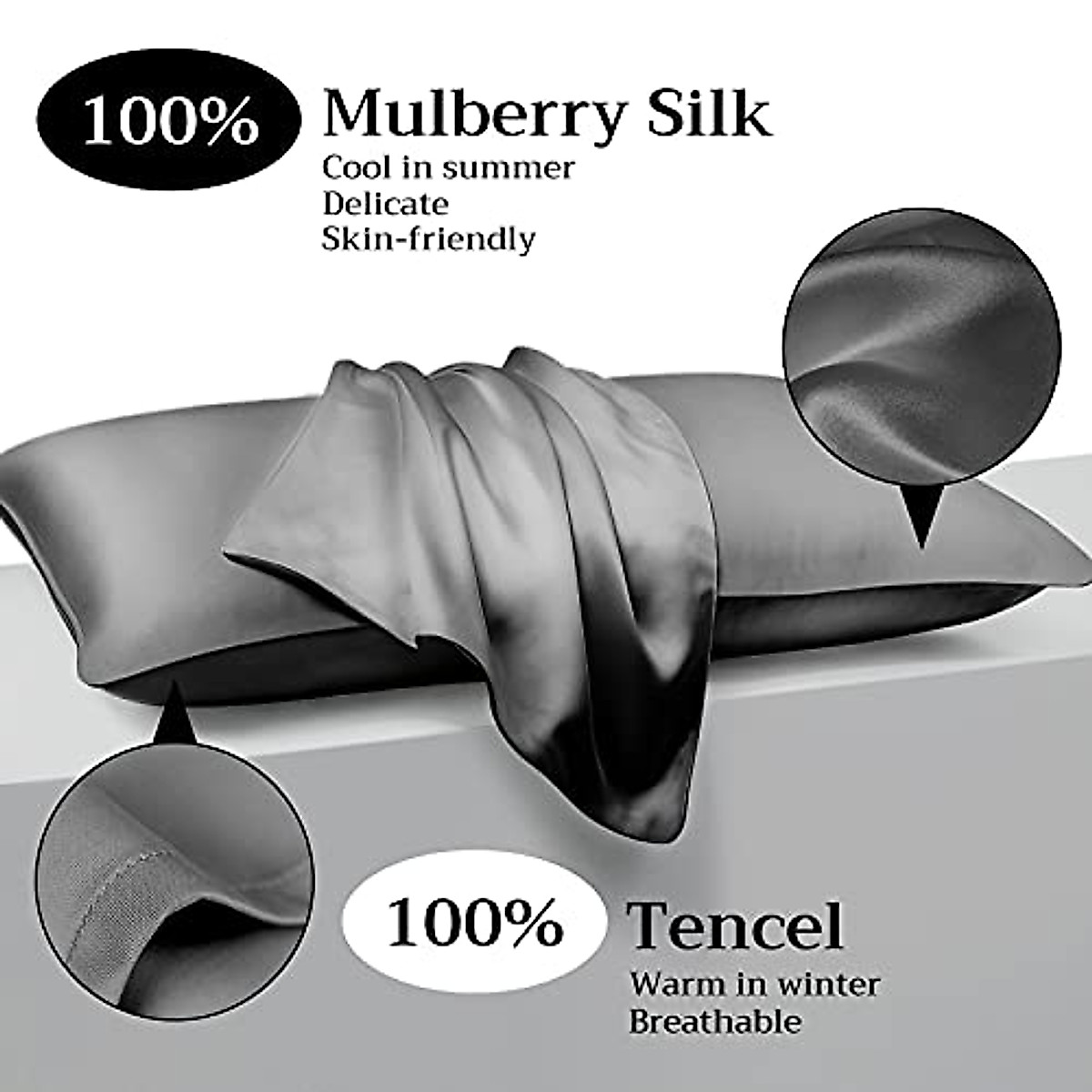 Silk Pillowcase for Hair and Skin, Lacette 22 Momme 6A Soft Mulberry Silk Pillowcase with Hidden Zipper, 600 Thread Count, Dual Side Silk/Wood Pulp Fiber, Gift Box(Grey, Standard 20"x26", 1 Pack)