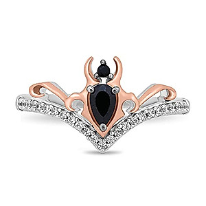 Jewelili Enchanted Disney Fine Jewelry Sterling Silver and 10K Rose Gold 5x3 MM Pear Shape Black Onyx and 1/6 Cttw Treated Black Diamond and White Round Diamond Maleficent Ring, Size 8