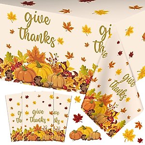 3 Pcs Thanksgiving Tablecloth - Give Thanks Plastic Table Cloth Disposable Rectangular Fall Pumpkin Maple Leaves Table Cover for Thanksgiving Day Party Decorations Table Decor Supplies,108 x 54 Inch