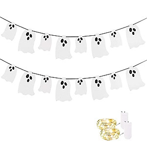 IWPTY Halloween Ghost Banner, Ghost Garland White Glittery Halloween Decorations for Party Indoor Outdoor Haunted Houses, Home House Doorways Mantel Wall Decor Supplies - 2 Packs with 2 String Lights