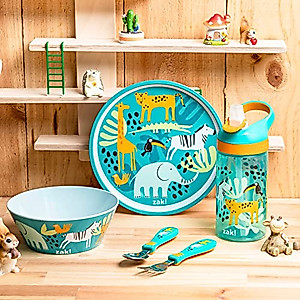 zak! Safari - 5-Piece Dinnerware Set - Durable Plastic & Stainless Steel - Includes Water Bottle, 8-Inch Plate, 6-Inch Bowl, Fork & Spoon - Suitable for Kids Ages 3+
