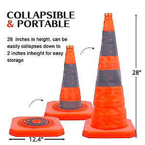 4 Pack 28 inch Collapsible Traffic Cones with LED Light, Safety Cones with Reflective Collars, Multi Purpose Pop Up Extendable Road Safety Cone by GUARDLEAD