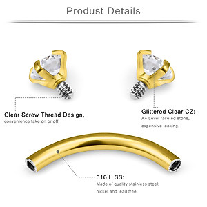 Ruifan 3 Pairs 16G Clear CZ Ball Curved Barbell Eyebrow Belly Lip Tragus Ring Piercing Jewelry 3/8"(10mm) - Gold