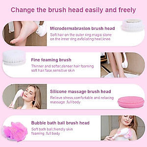 JTSea Electric Bath Brush Set, Waterproof Electric Body Scrubber & Silicone Facial Brush，4 Spin Brush Heads, Shower Brush Bath Scrubber Exfoliating, Back Brush Long Handle for Shower Women Men