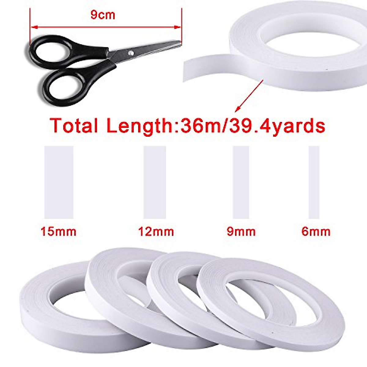 SIQUK 4 Rolls Double Sided Tape Strong Adhesive Sewing Tape with 1pc Mini Scissor for Craft Class Office, 39.4 Yards Each Roll (Width: 6mm/ 9mm/ 12mm/ 15mm)