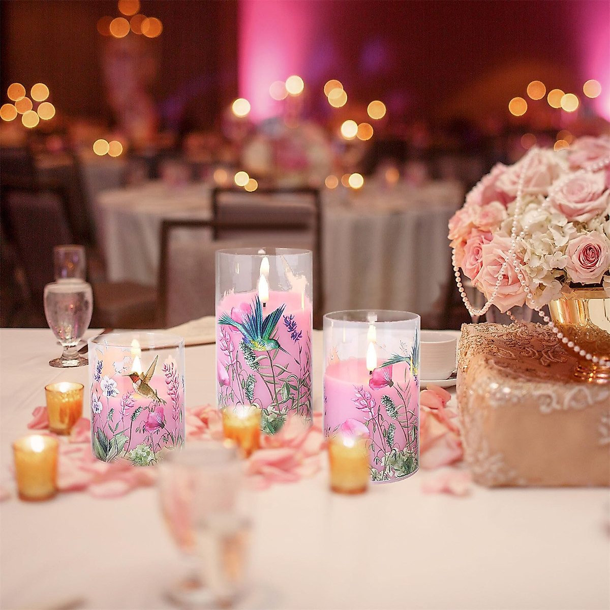 Girimax Pink Hummingbird Glass LED Candles with Remote, Flickering Flameless Candles Battery Operated Φ 3" H 4" 5" 6"