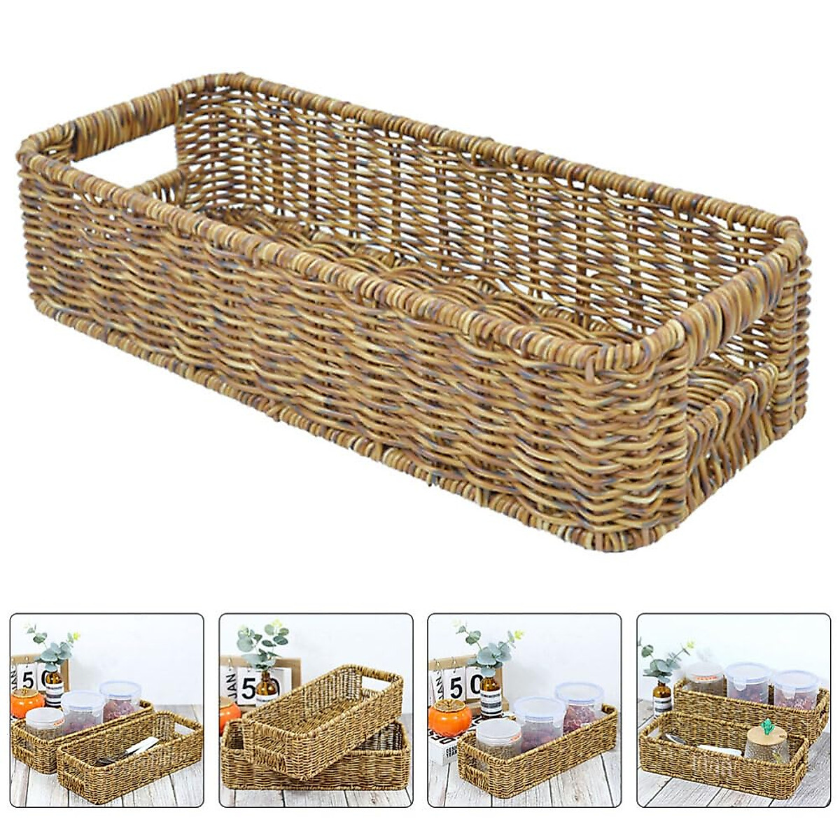 BESTonZON Plastic Woven Storage Basket Rattan Kitchen Cutlery Holder Stand Silverware Basket Kitchen Utensil Drawer Organizer Farmhouse Serving Basket for Kitchen Office