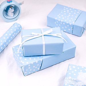 WRAPAHOLIC Reversible Wrapping Paper - Mini Roll - 17 Inch X 33 Feet - Light Blue and Delicate Polka Dots Design for Birthday, Holiday, Wedding, Baby Shower