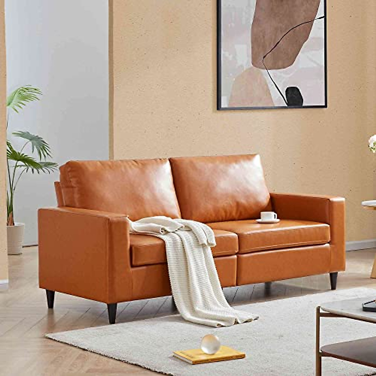 Cotoala PU Leather Sofa, Modern Upholstered 3 Seat Sectional Couch Furniture for Living Room, Home, Solid Frame and Wood Legs-Brown