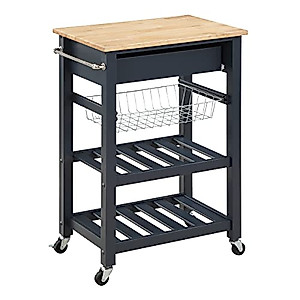 OS Home and Office Furniture Model HMPNW-70 Hampton Kitchen Cart in Blue with Solid Rubberwood Top