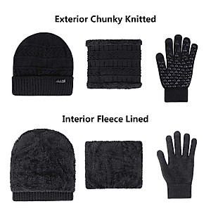 3-Pieces Winter Beanie Hats, Scarf and Touch Screen Gloves Set for Men and Women, Warm Knit Cap Set Black