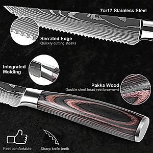 XT XITUO Steak Knives Set of 6 Piece Damascus Patterned Stainless Steel Serrated Knife Wooden Handle Beef Cleaver Multipurpose Restaurant Cutlery Table Knife (6PC Steak Knife Set)