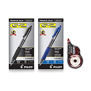 PILOT G2 Pens 0.7 mm | 12 Count Black, 12 Count Blue G2 Pens, Pack of 24 Pens - Refillable & Retractable Black Pens and Blue Pens, Fine Point Pens, Gel Pens Ballpoint + Correction Tape