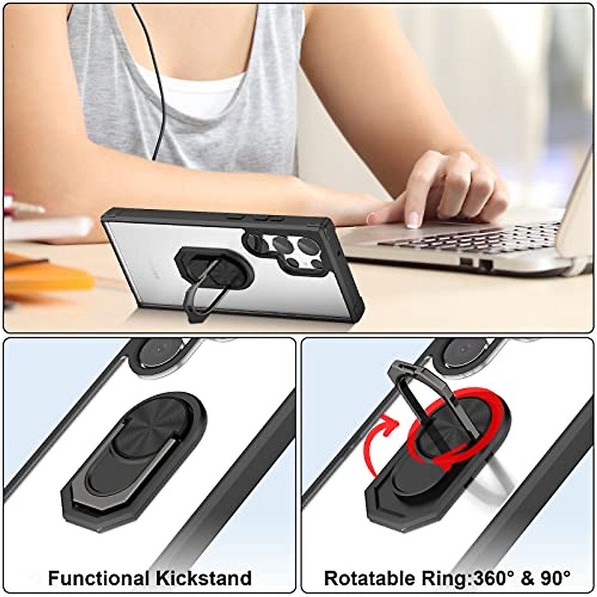 AOCOCEN Design for Galaxy S23 Ultra Case, Clear Crystal Hybrid Protective Rugged Case Cover [Ring Holder Kickstand][Magnetic Car Mount Feature] for Samsung Galaxy S23 Ultra 5G(Clear+Black)