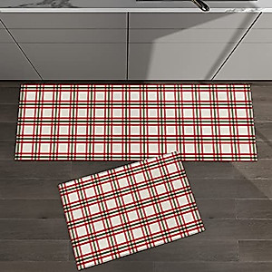 Miaklek Christmas Farmhouse Lattice Kitchen Mats for Floor Anti Fatigue Mats for Kitchen Floor Kitchen Rugs Cushioned Mats Non Slip Comfort Standing Kitchen Rugs Set of 2, Red and Green Plaid