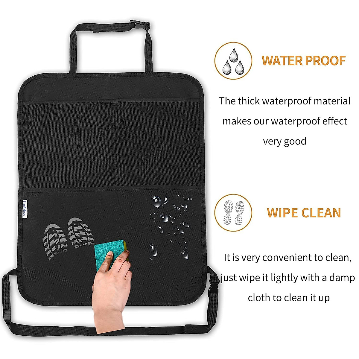 funbliss Duty Kick Mats(2 Pack),Back Seat Protector for Kids,Premium Waterproof Fabric, Reinforced Corners to Prevent Sag,2Reinforced Storage Pockets,Universal Fit,Black