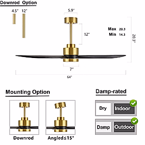 ELEHINSER 64" Wood Ceiling Fan with Lights and Remote Control, 3 Blades 6-Speed Reversible DC Motor Ceiling fan for Kitchen Bedroom Dining Living Room, Black Wood Blades with Gold