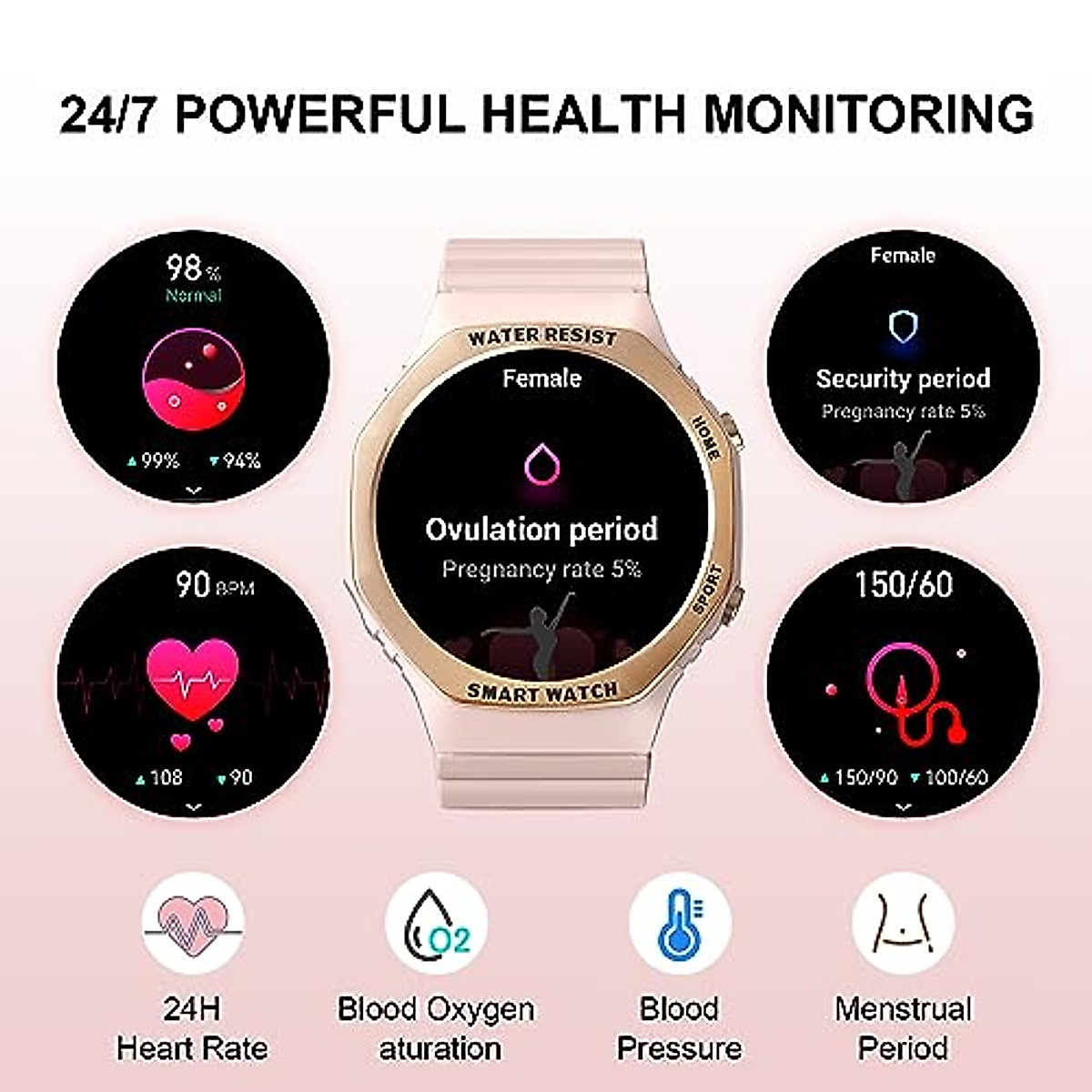 1.32”Smart Watch for Women (Answer/Make Call), 100+Sports Modes Smartwatches with Heart Rate/SpO2/BP/Menstrual Cycle/Sleep Monitor, Step Calorie Counter Fitness Tracker IP67 iOS Android Gift Pink