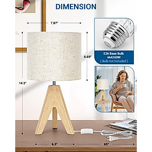 DEWENWILS Small Table Lamp, Boho Bedside Lamp with Linen Fabric Shade, Wood Tripod Nightstand Lamp for Living Room, Nursery, Bedroom, Kids Room, Side Table, 14.2 Inch, ON/Off Switch