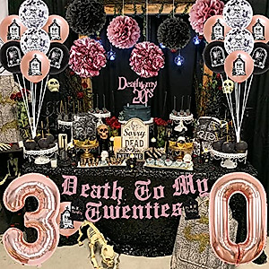 Rip Twenties Birthday Decorations, 30th Birthday Party Supplies for Women Black and Rose Gold, Death to My Twenties Banner Sash Balloons Paper Pom Poms Fringe Curtain
