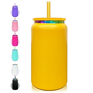 Glass Cups with Lids and Straws, 16 oz Stainless Steel Cups, Insulated Skinny Tumbler, Powder Coated Travel Mugs for Laser Engrave, Iced Coffee Cup for Smoothie Water DIY Gift (Orange,1 pack)