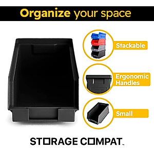 50 Pack Small Storage Bin, Wall Mount Storage, Hanging and Stacking Bin, Freestanding | 7” x 4” x 3” Plastic Container | Black | Zeus 1PLZ06 | StorageCompat