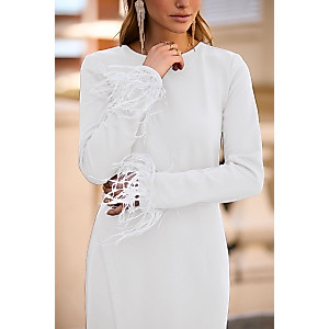 PRETTYGARDEN Women's 2024 Fall Long Sleeve Dress Formal Midi Bodycon Wrap Slit Feather Elegant Wedding Guest Cocktail Dresses (Beige White,Large)