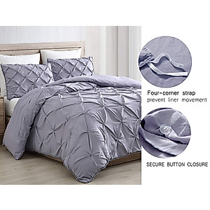 Chezmoi Collection Natalia 3-Piece Pom Poms Fringe Pinch Pleat Duvet Cover Set - Hypoallergenic Soft Washed Microfiber Comforter Cover with Button Closure and Corner Ties - Queen, Purple