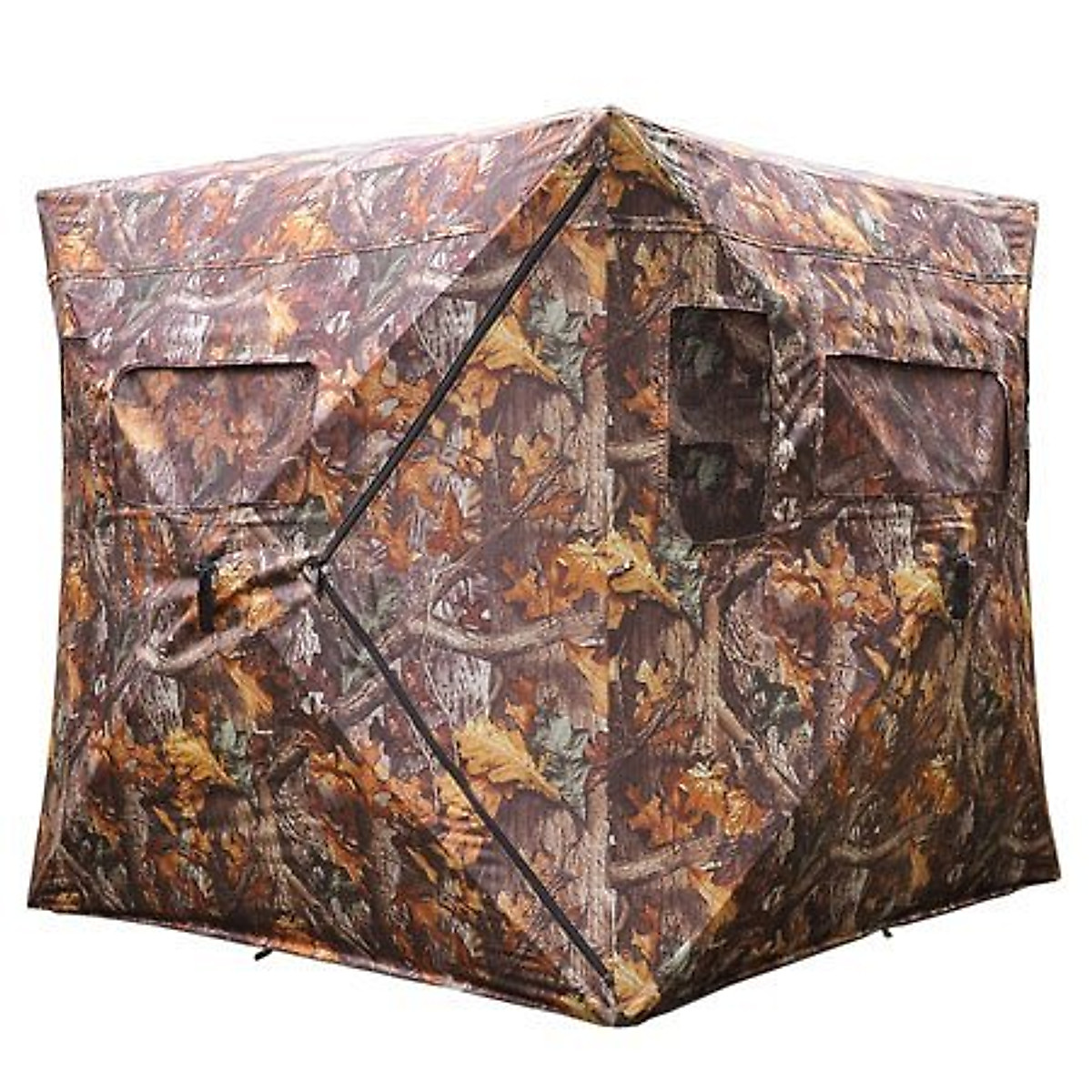 Durable Poly Fabric XL Pop Up Ground Hunting Blind Wood Leaf Camo Hub Style Tent w/Zipper Roof Door Windows for Professional Wild Life Fowl Game Hunt Camping
