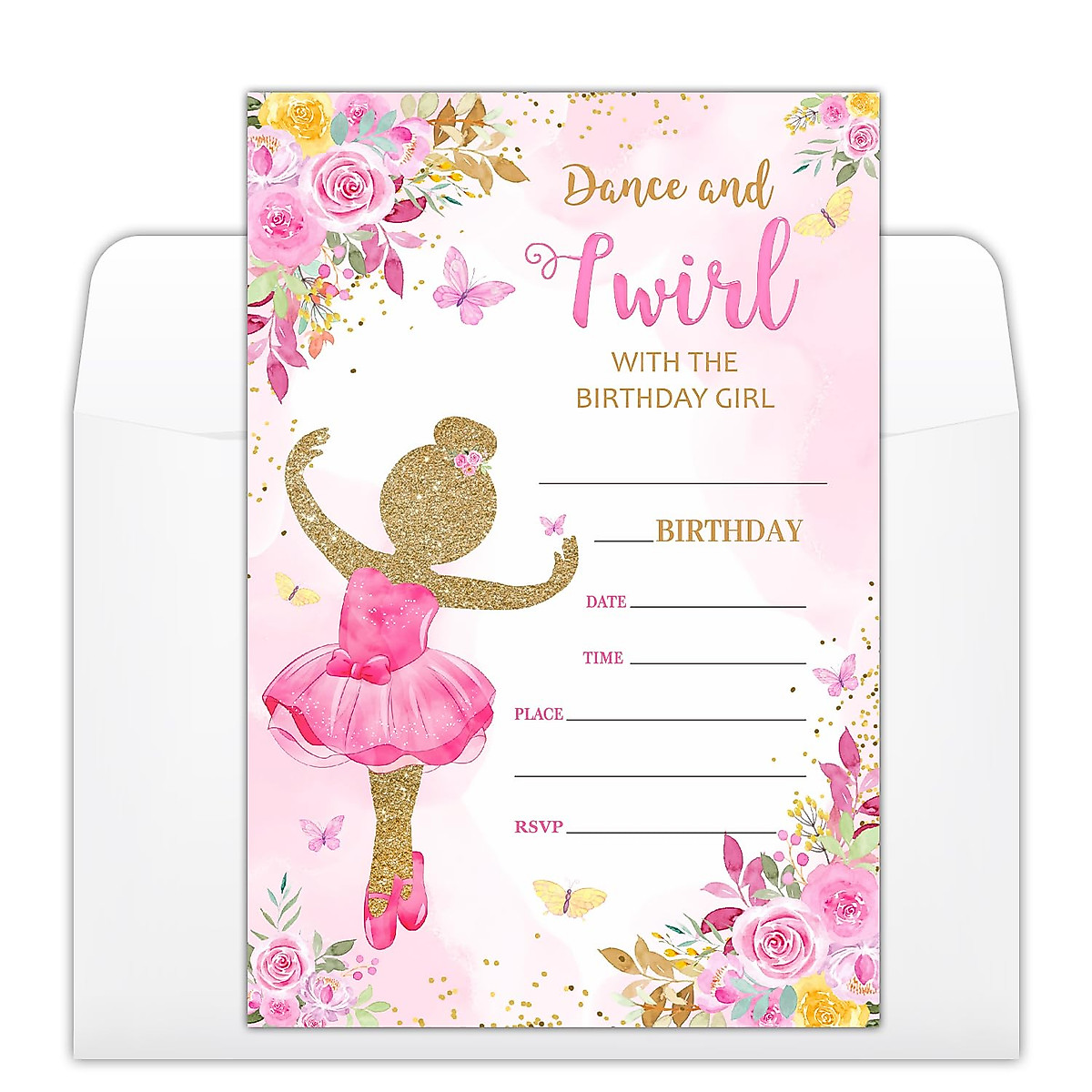 YUEXLL Dance and Twirl Birthday Party Invitations Cards with Envelopes, Gold Ballet Dance Party Invitations, Birthday Celebration Supplies, Double-sided Fill-in bday Invites for Boys Girls- A23
