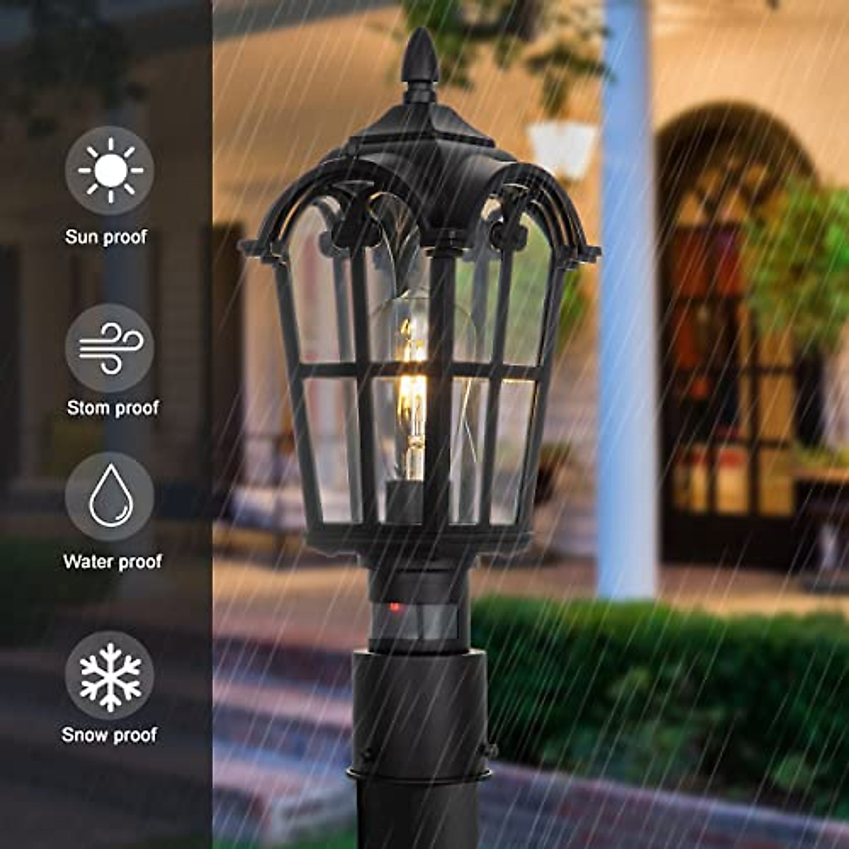 Dusk to Dawn Motion Sensor Outdoor Post Lights Exterior lamp Post Light Fixture, Waterproof Pole Lanern Black with Clear Tempered Glass for Garage Patio Garden Front Door