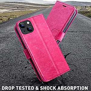 MONASAY iPhone 13 5G Wallet Case, 6.1-inch, [Glass Screen Protector Included] [RFID Blocking] Flip Folio Leather Cell Phone Cover with Credit Card Holder for Apple iPhone 13, Hot-Pink