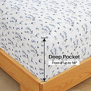 ILVOE Queen Size Bed Sheets, 4 Piece Floral Pattern Sheets, 16" Deep Pocket Sheets, Soft Luxury Cooling Sheets, Easy Care-Queen, Blue Flower