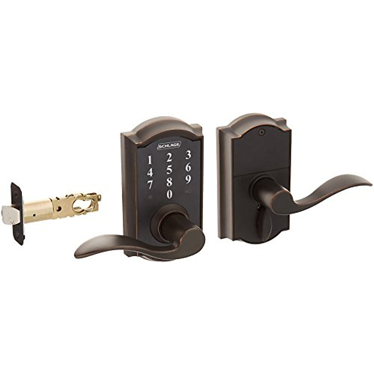 SCHLAGE FE695 Camelot by Accent Keyless Touch Lever Lock with 16211 Latch 10063 Strike Aged Bronze Finish