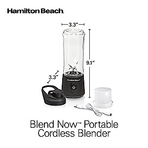 Hamilton Beach Mini Cordless Portable Personal Blender for Shakes and Smoothies, USB Rechargeable, 16 oz. Jar with Leakproof Travel Lid, 6 Stainless Steel Blades, Black (51180)