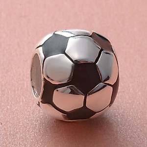 Choruslove Football Charm 925 Sterling Silver Soccer Ball Charm with Black White Enamel Bead for Sport Lover Charm Bracelet