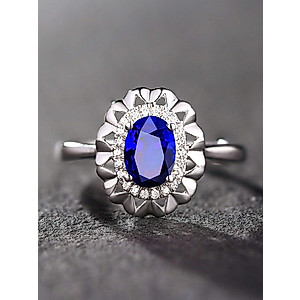 KnBoB Women Flowers Oval Shape 0.6ct Sapphire Ring 18K White Gold Promise Wedding Engagement Bridal Anniversary Ring Size 4