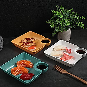 Luxshiny 4pcs Plastic Dumpling Plates with Sauce Compartment Square Serving Plates with Sauce Holder Serving Platter Tray for Party