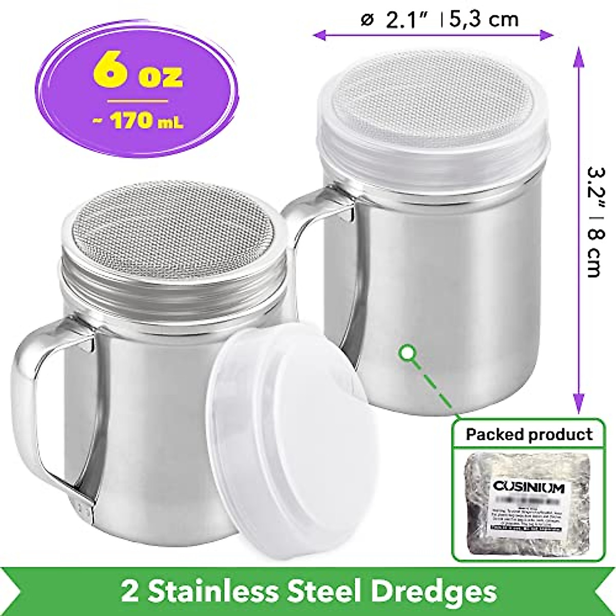 CUSINIUM Powdered Sugar Shaker Duster - With Handle - Cinnamon Shaker For Coffee Bar - Fine Mesh Dredge - 6 ounce, pack of 2 | Style: Fine