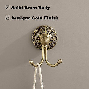 Lucyound Antique Brass Towel Hook, Wall Mounted Bathroom Double Hook for Clothing & Robe Hanger, Screws Install Shower Wall Hook, Vintage Petal-Relief Series