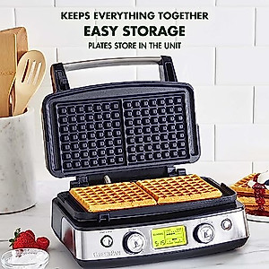 GreenPan Elite 2-Square Belgian & Classic Waffle Iron, Healthy Ceramic Nonstick Aluminum Dishwasher Safe Plates, Adjustable Shade/Crunch Controls, Wont Overflow, Easy Cleanup Breakfast, Black