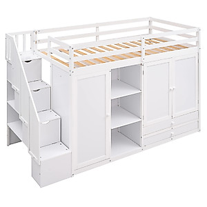 BIADNBZ Functional Twin Size Loft Bed with 3 Shelves, 2 Wardrobes and 2 Drawers,Wooden Bedframe with Storage Stairs for Teens/Bedroom,White